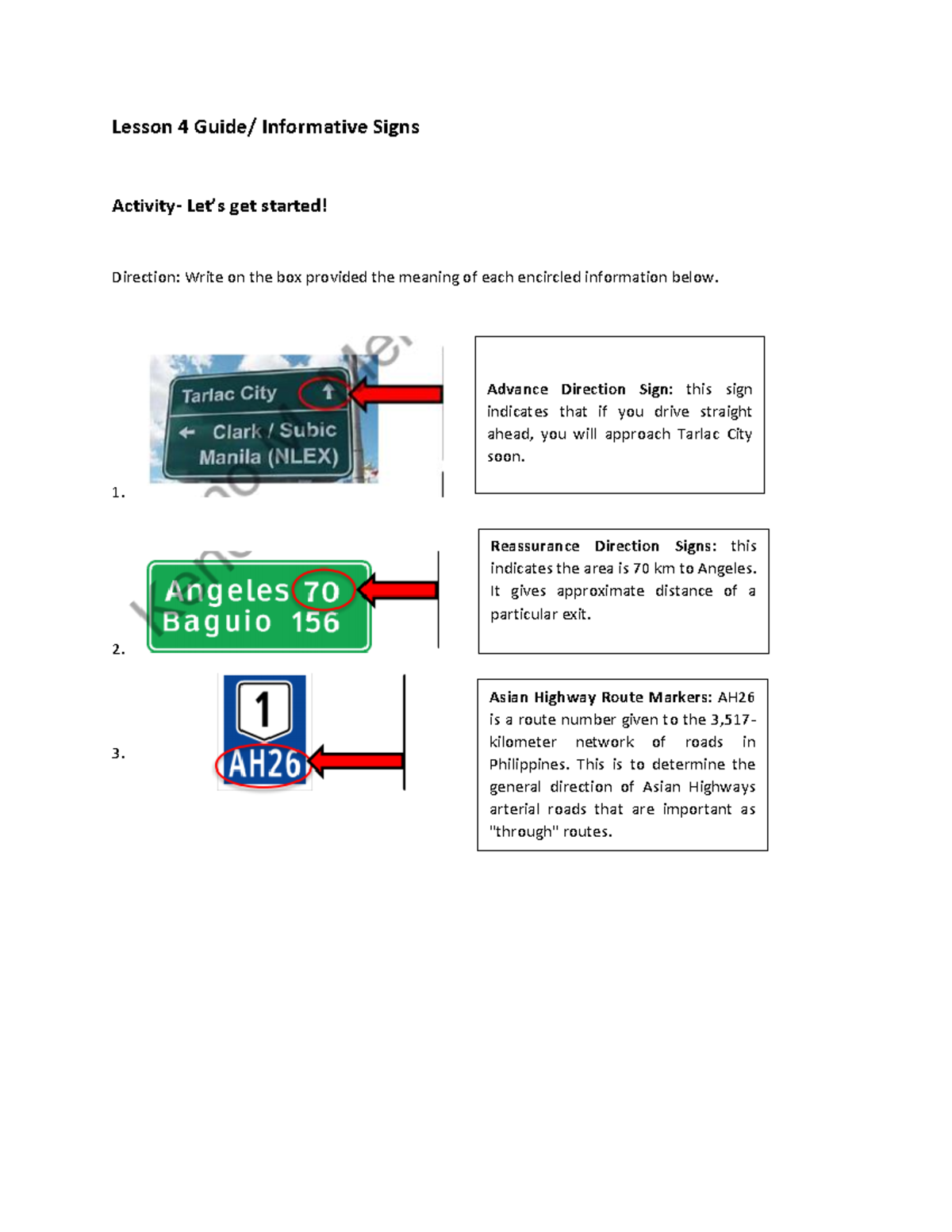 CE IC 1 Lesson 4 Guide Answers - Lesson 4 Guide/ Informative Signs ...