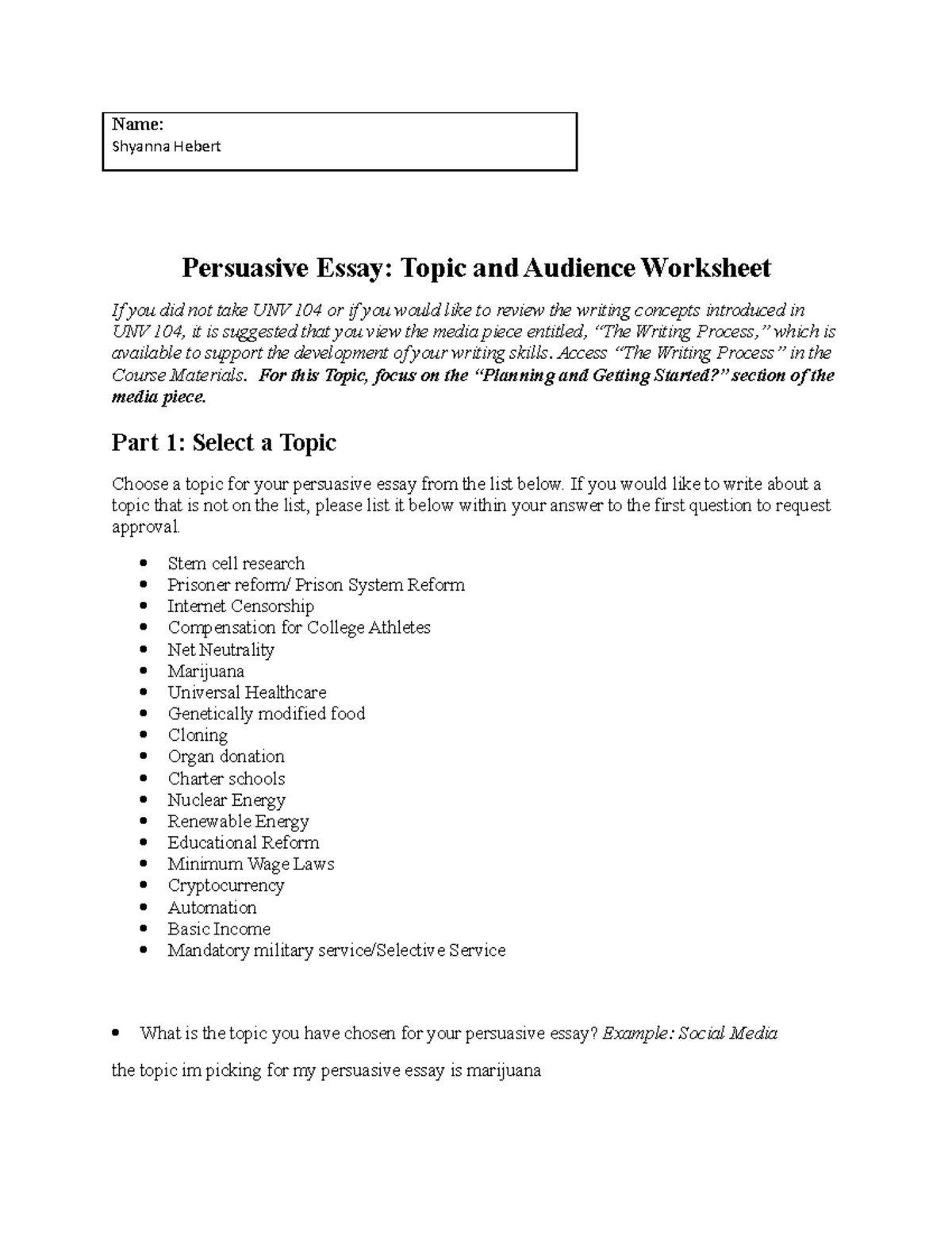 Document - I NEED HELP - Name: Shyanna Hebert Persuasive Essay: Topic ...