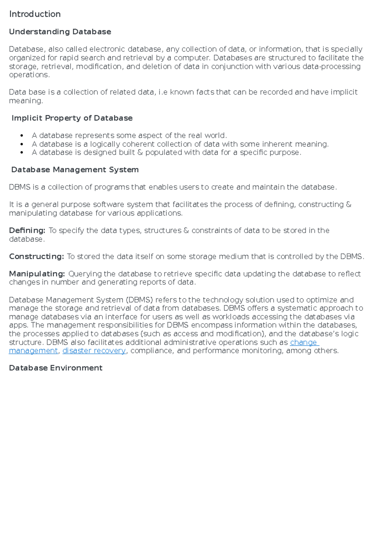 U1 - Introduction Understanding Database Database, also called ...