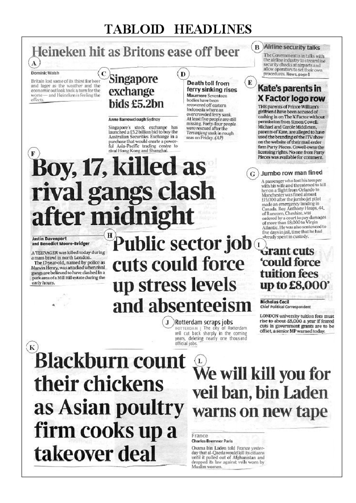 Tabloid headlines - Actividad para practicar estructuras en clase - TABLOID HEADLINES Exercise 1 ...