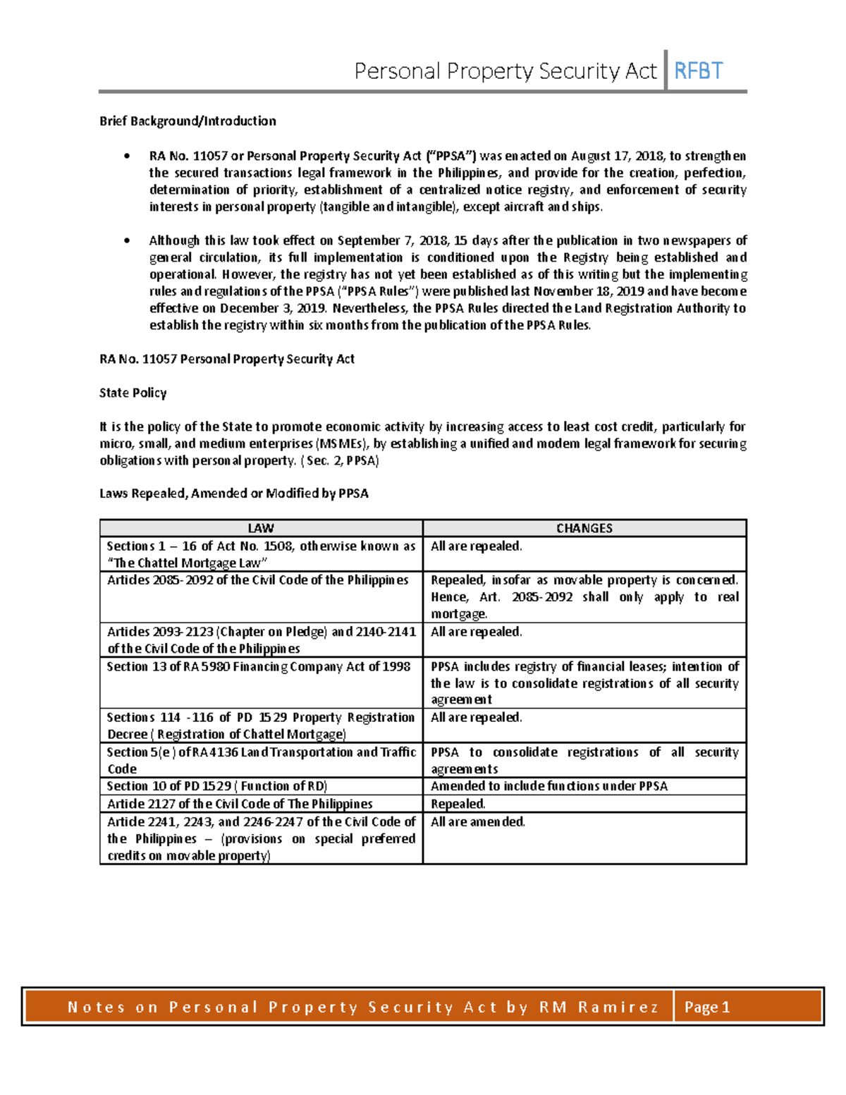 Personal Property Security Act Notes - Brief Background/Introduction ...