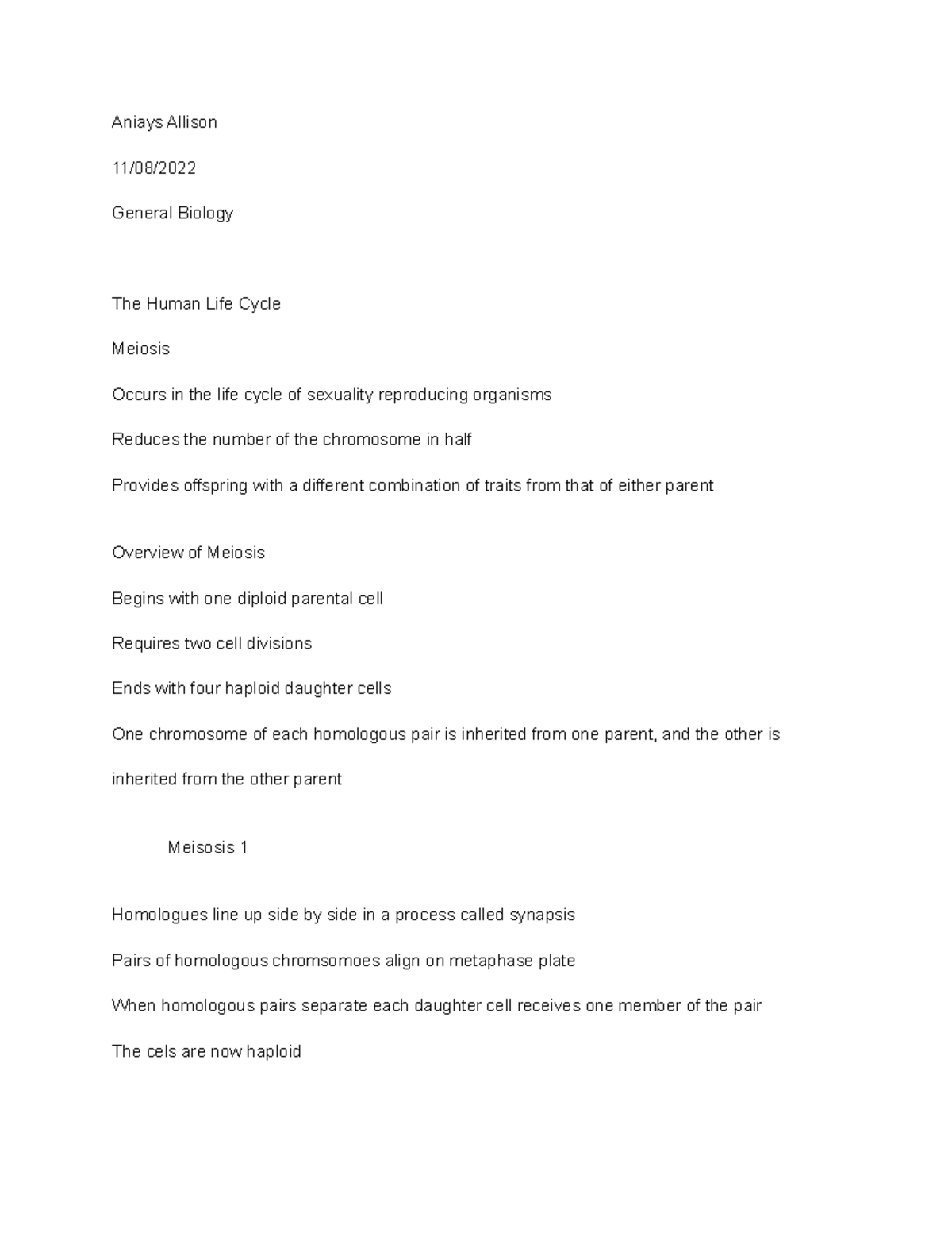 Aniays Allison BIO 101 Notes PT 3 - Aniays Allison 11/08/ General ...