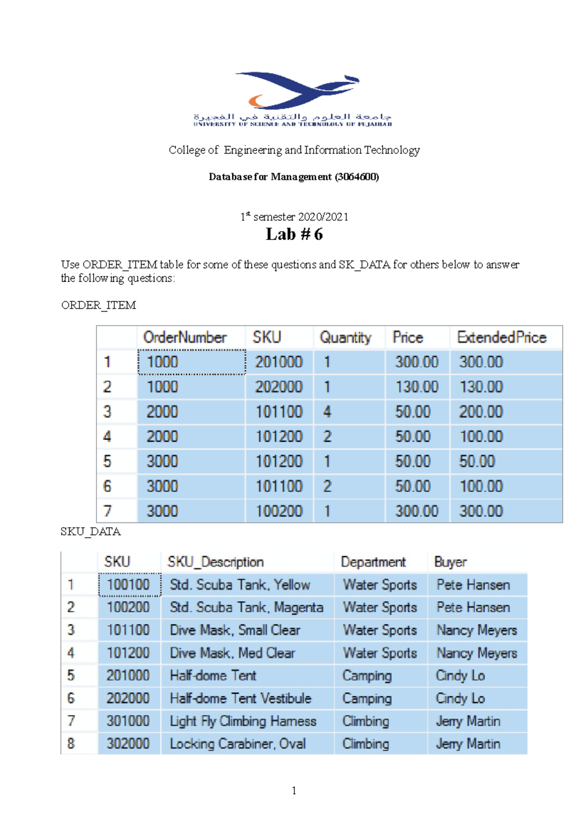 Database Management Systems Lab 6 Part 1 for chapter 2 (SQL oracle ...