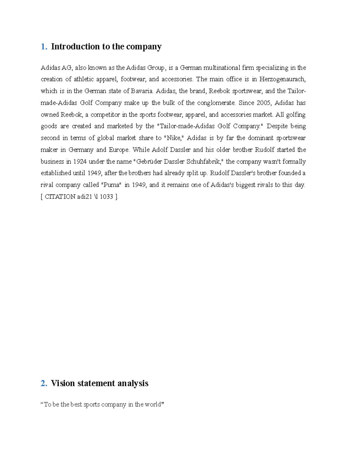 Bhagya 1 - Assignment - 1. Introduction to the company Adidas AG, also ...