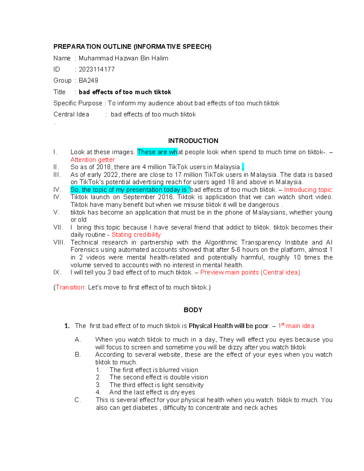Lecture 3d Sample IS Preparation Outline Hazwan - PREPARATION OUTLINE ...