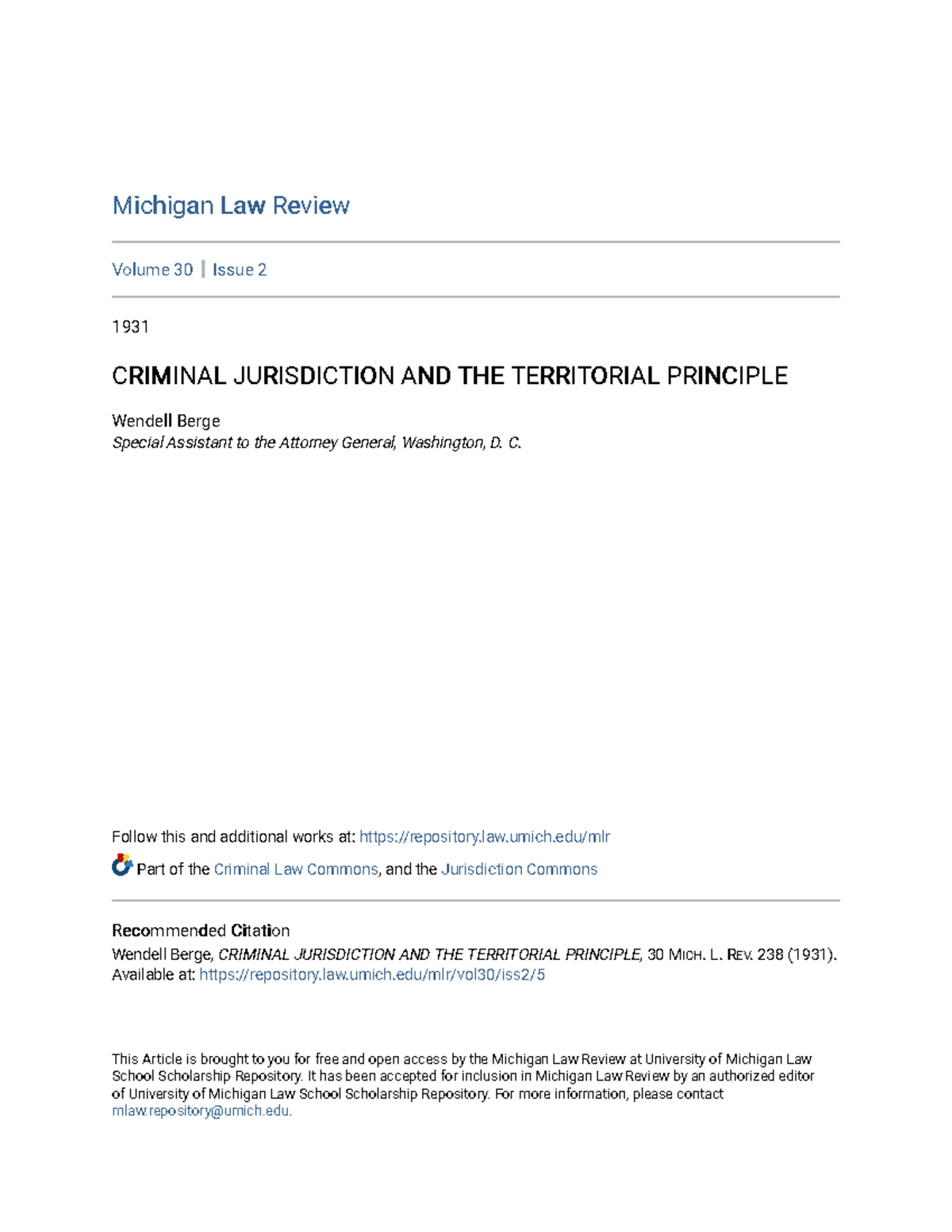 Criminal Jurisdiction AND THE Territorial Principle - Michigan Law ...
