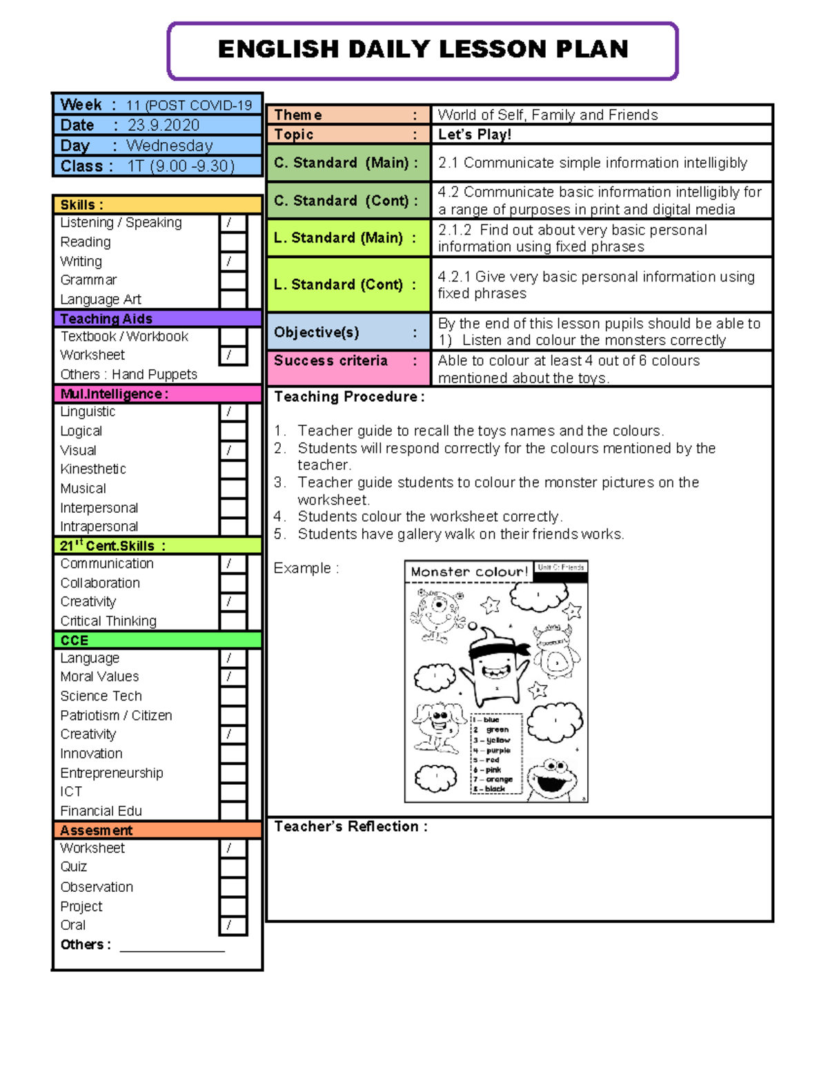 English Daily Lesson PLAN 23.9.2020 1T - ENGLISH DAILY LESSON PLAN ...