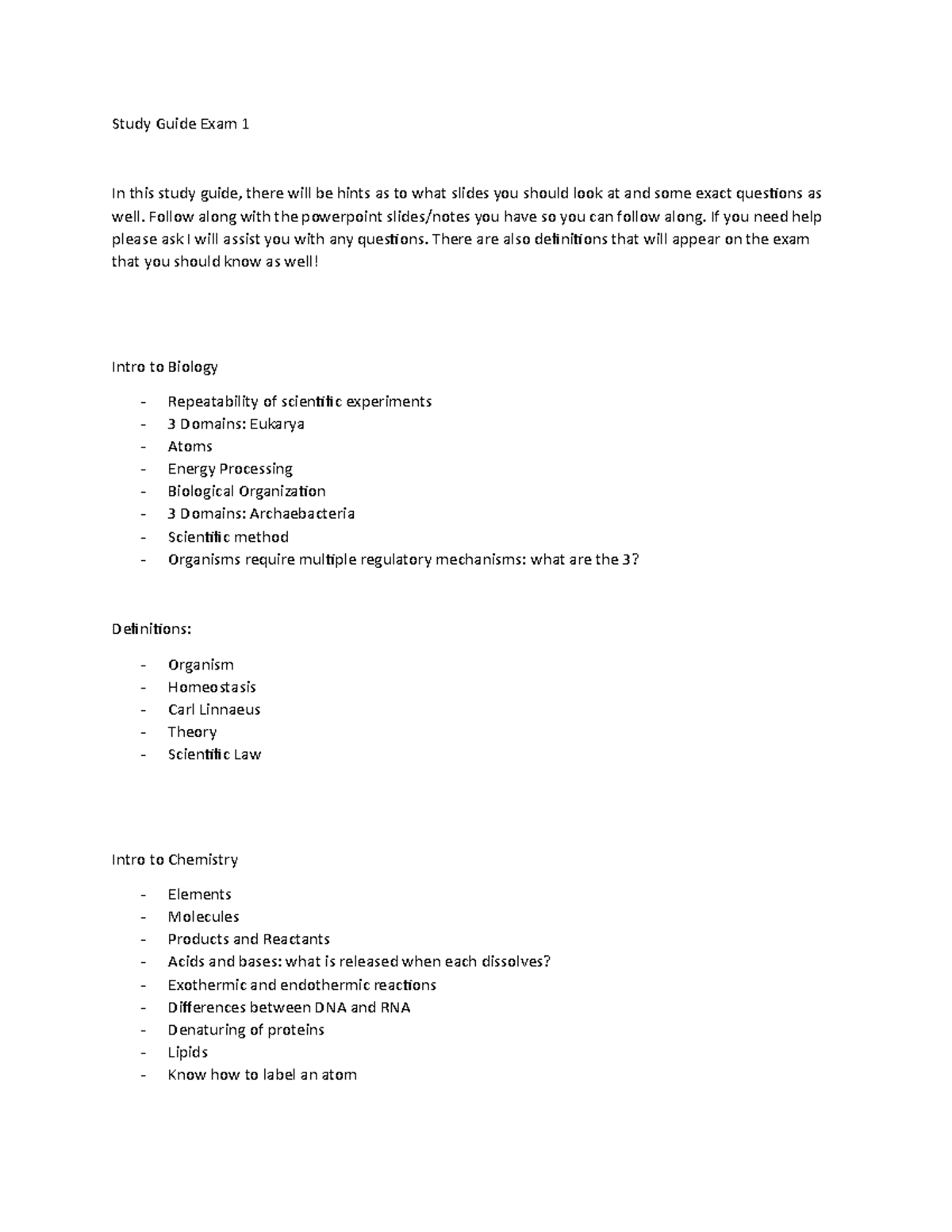 Study guide 1 - Topics needed to know for exam 1 - Study Guide Exam 1 ...