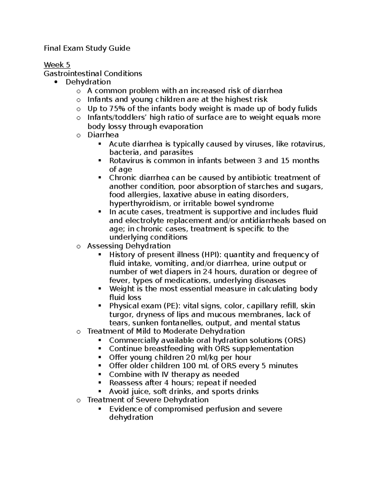 Final Exam Study Guide - Final Exam Study Guide Week 5 Gastrointestinal ...