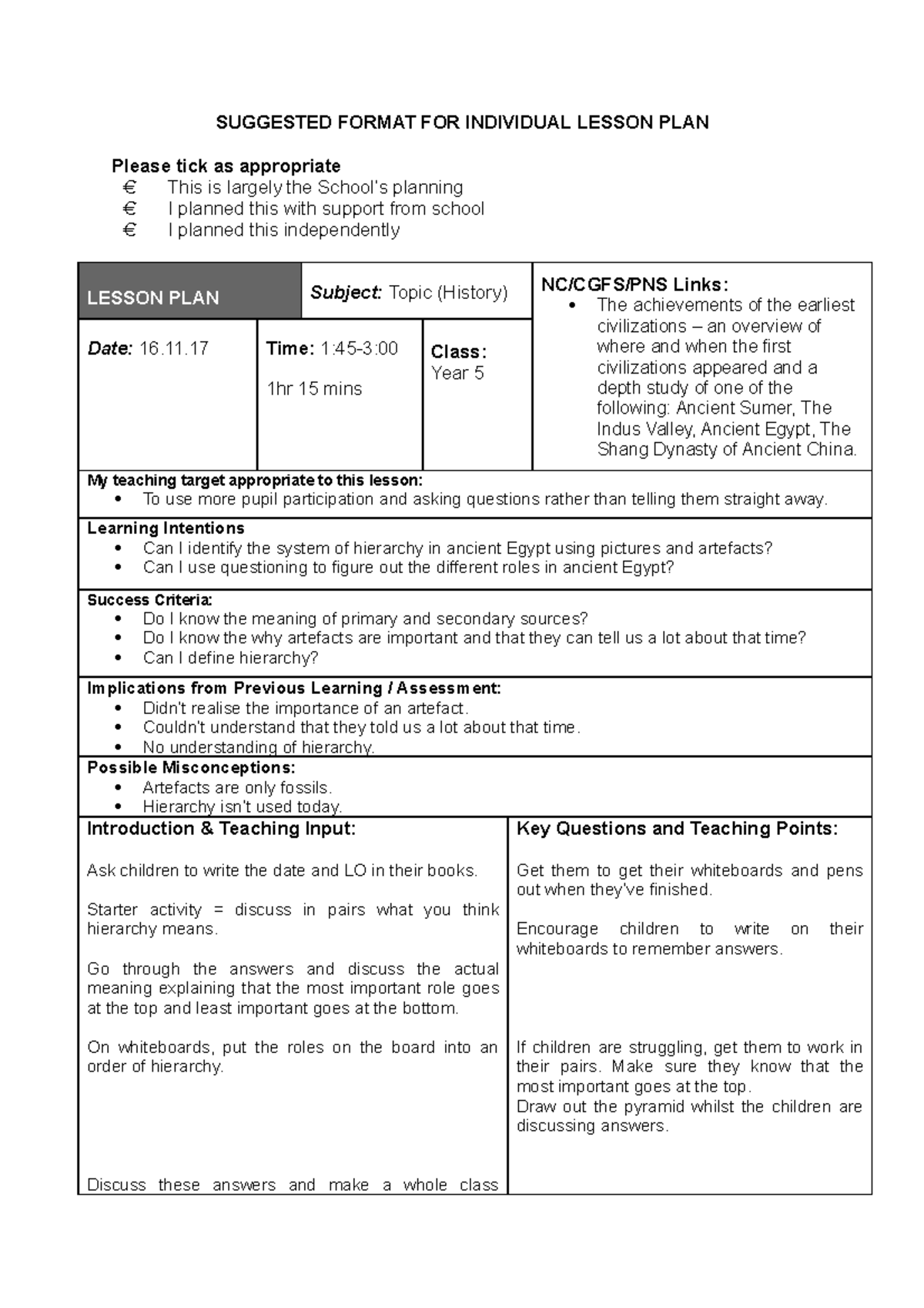 Lesson plan hierarchy - SUGGESTED FORMAT FOR INDIVIDUAL LESSON PLAN ...
