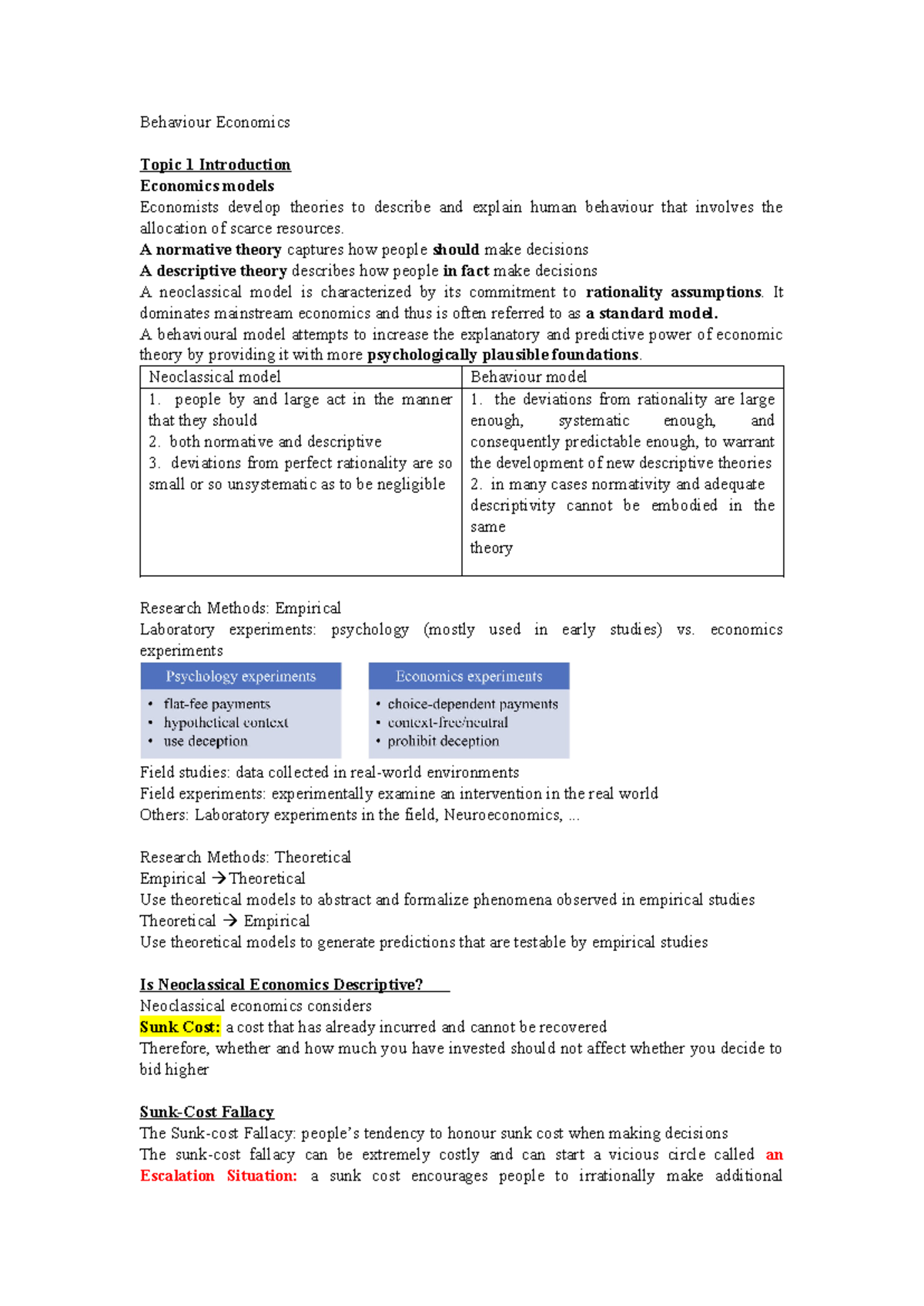 BE Summary for Topic 1 - Behaviour Economics Topic 1 Introduction ...