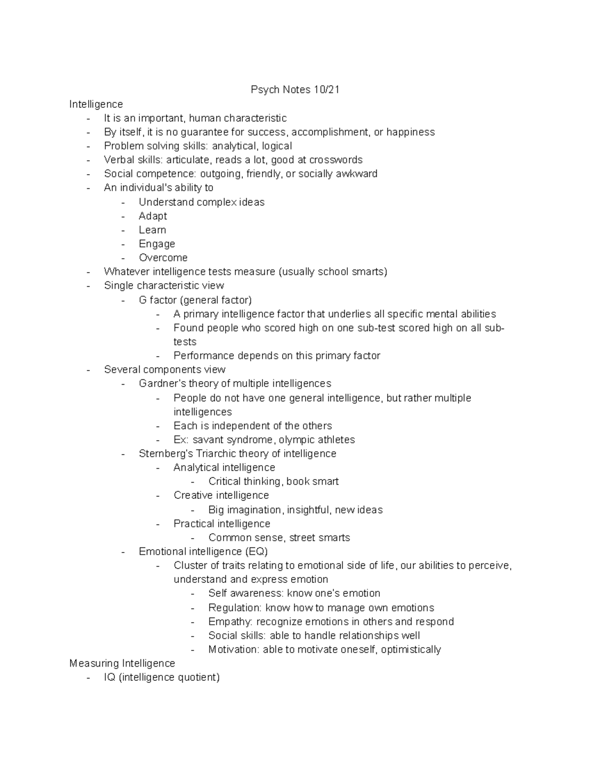 Psych Notes 10/21 - Psych Notes 10/ Intelligence It is an important ...