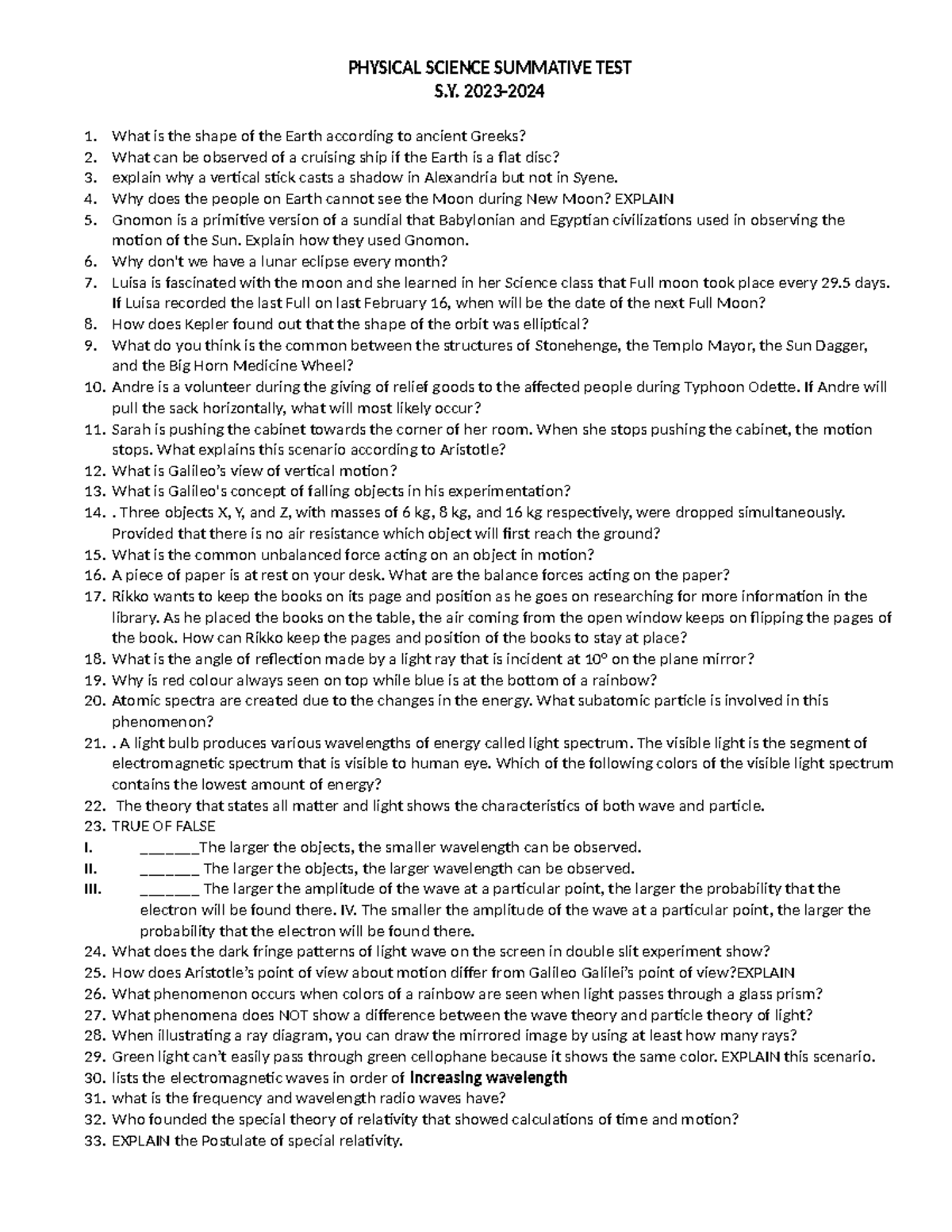 Physical Science Summative TEST - PHYSICAL SCIENCE SUMMATIVE TEST S ...
