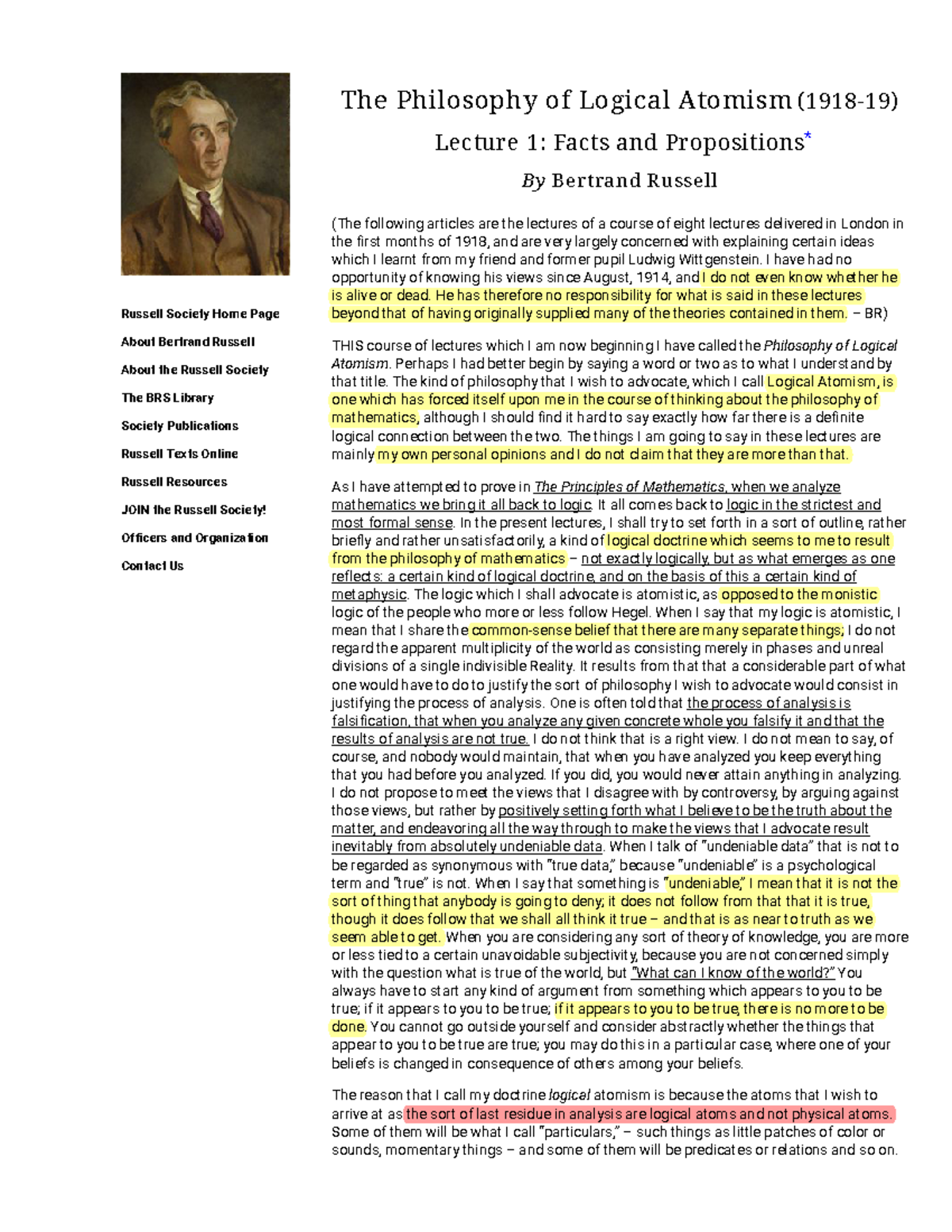 Bertrand Russell Logical Atomism outlines - Russell Society Home Page ...