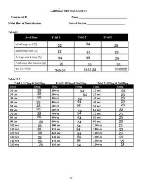CHEM 1111 Data Sheets Only (1)-14 - 78 LABORATORY DATA SHEET Experiment 8 Name Gas Laws Date ...