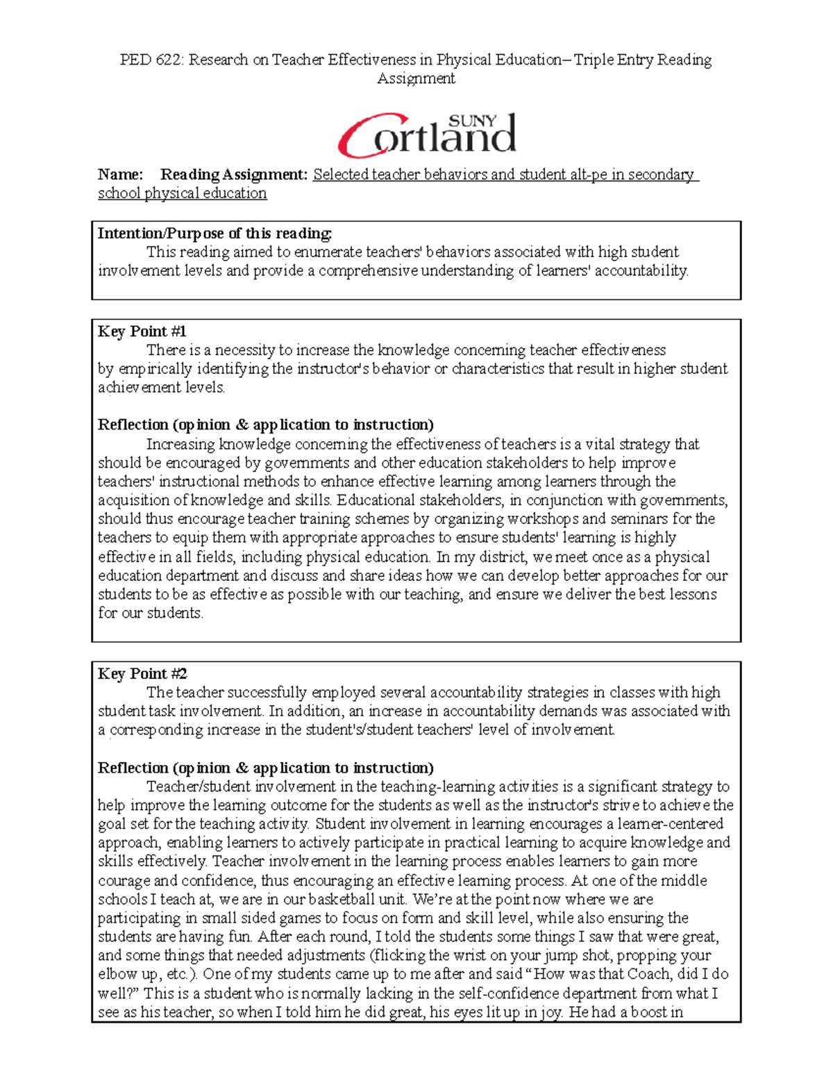 Triple entry form cortland PED 622 Selected teacher behaviors and ...