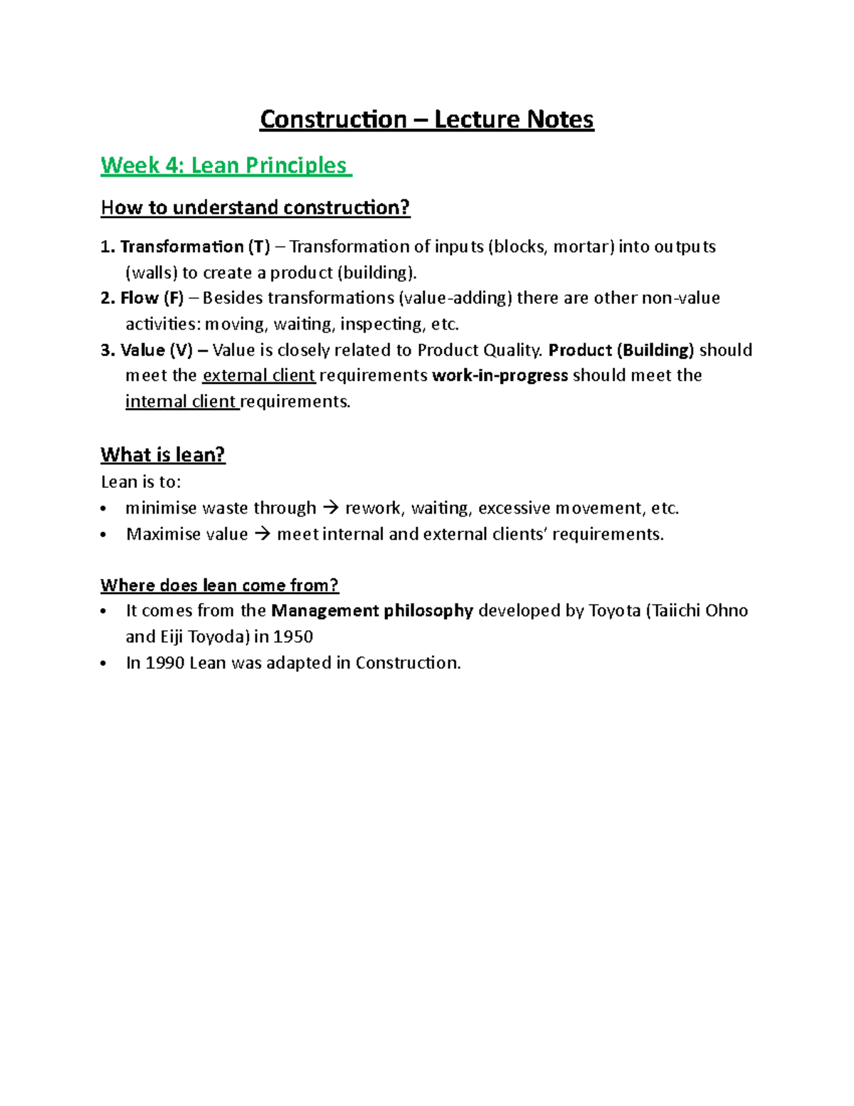 Construction Week 4 Lecutre Notes - Lean Principles - Construction ...