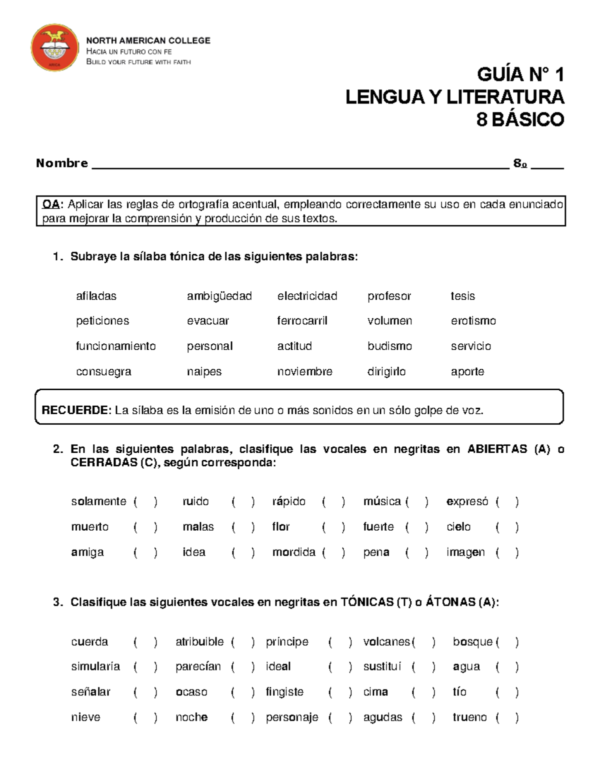 Guia 1 Lenguaje 8vo Basico U0 - GUÍA N° 1 LENGUA Y LITERATURA 8 BÁSICO ...