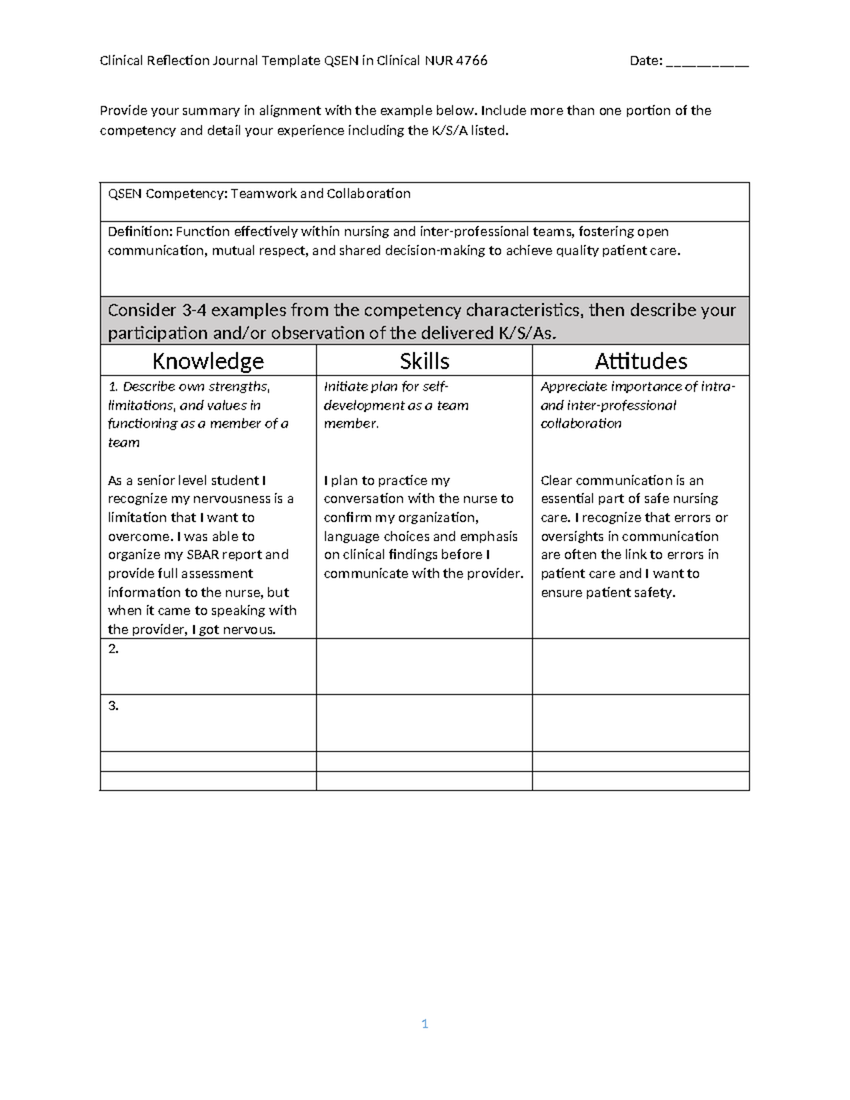 Example student form - QSEN Competency-1 - Clinical Reflection Journal ...