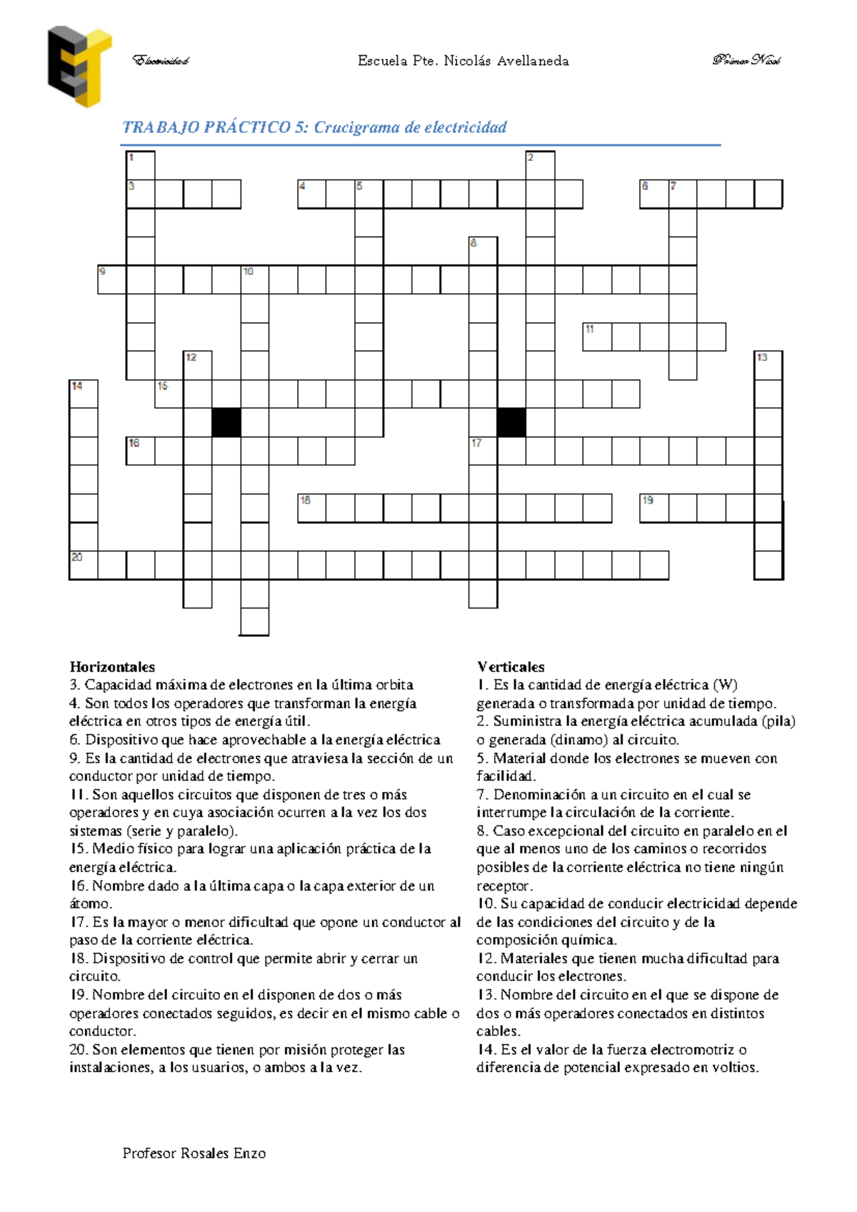 Trabajo Práctico N° 5 - Crucigrama de electricidad - Electricidad Escuela Pte. Nicolás ...