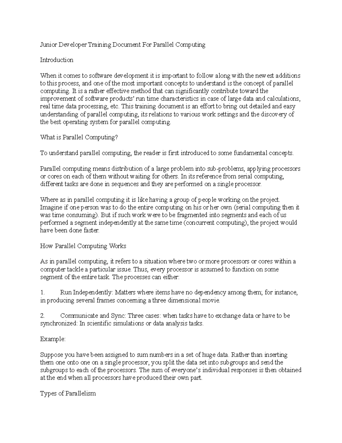 Cs3307 unit 2 assignment - Junior Developer Training Document For Parallel Computing ...