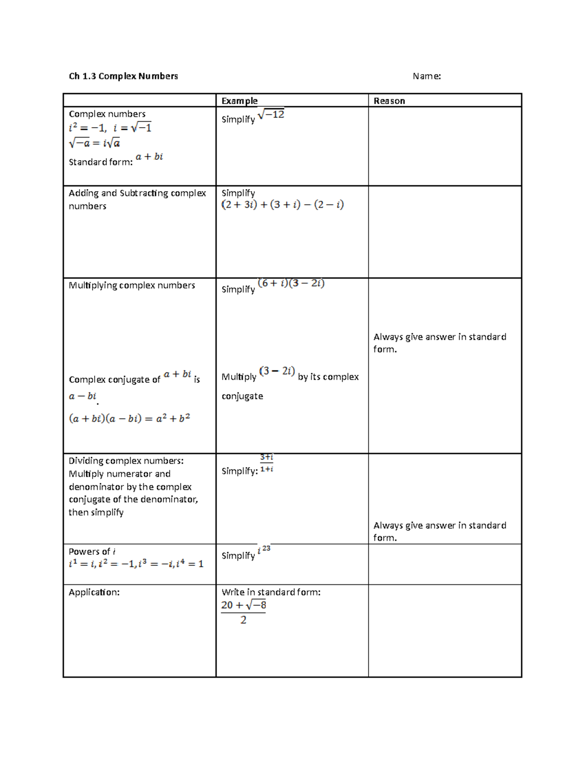 Chapter 1 Summary - Ch 1 - Ch 1 Complex Numbers Name: Example Complex ...