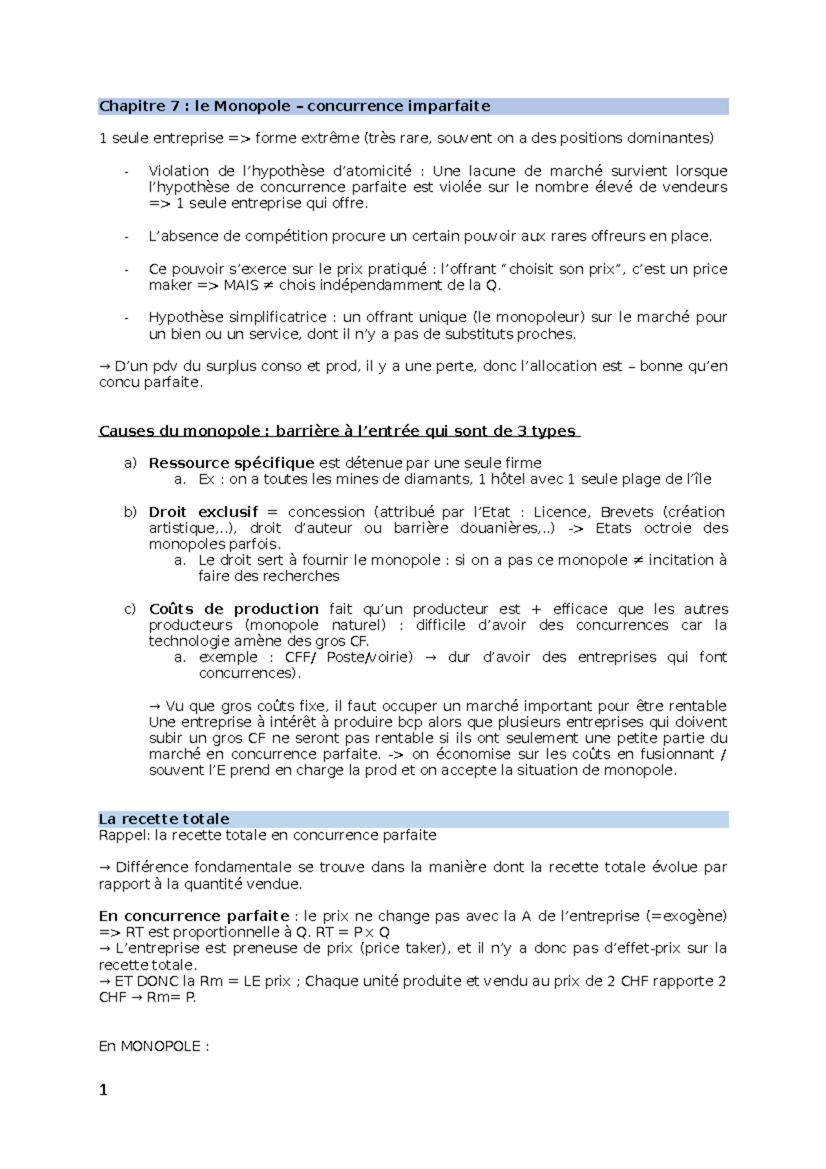 Le monopole - résumé - résumé - Chapitre 7 : le Monopole – concurrence ...