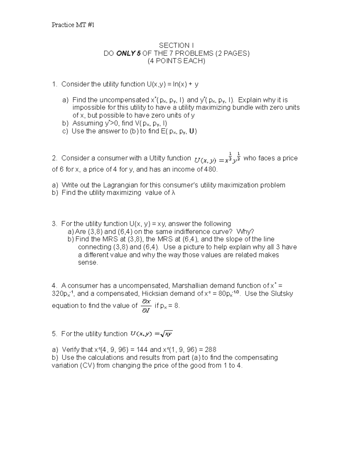Pracmt 1 - Practice Exam 1 from Fall 2018. - Practice MT #1 SECTION I ...
