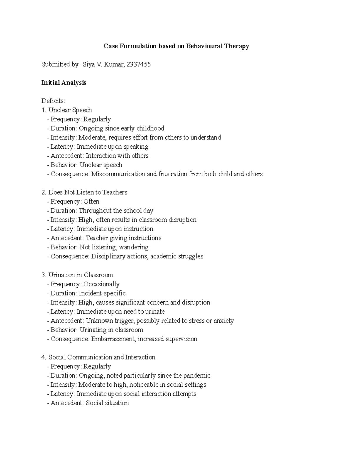 Case Formulation - Behavioural therapy case - Case Formulation based on ...