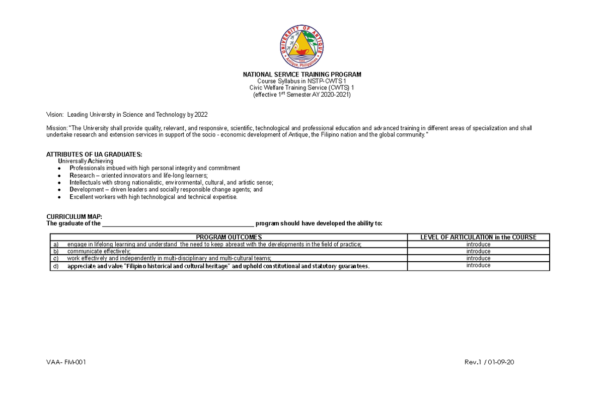 NSTP Syllabus LMS Based - NATIONAL SERVICE TRAINING PROGRAM Course ...