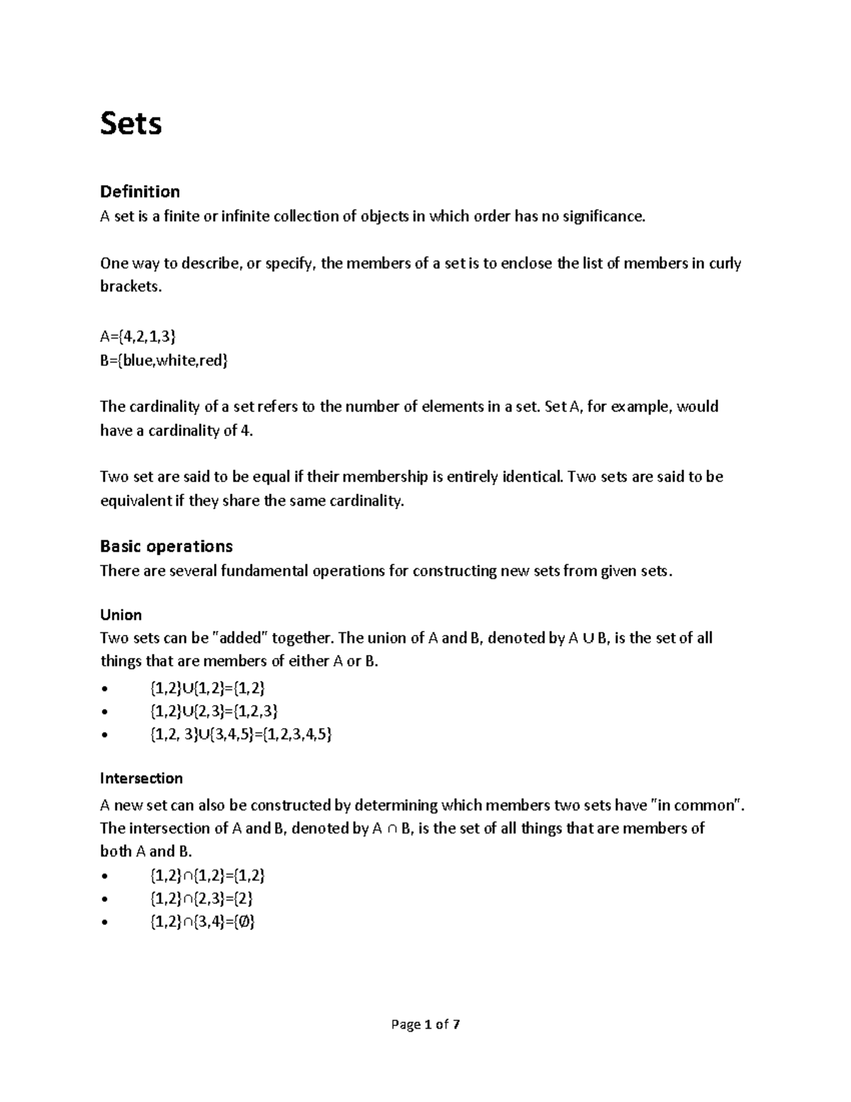 Sets - John - Sets Definition A set is a finite or infinite collection ...