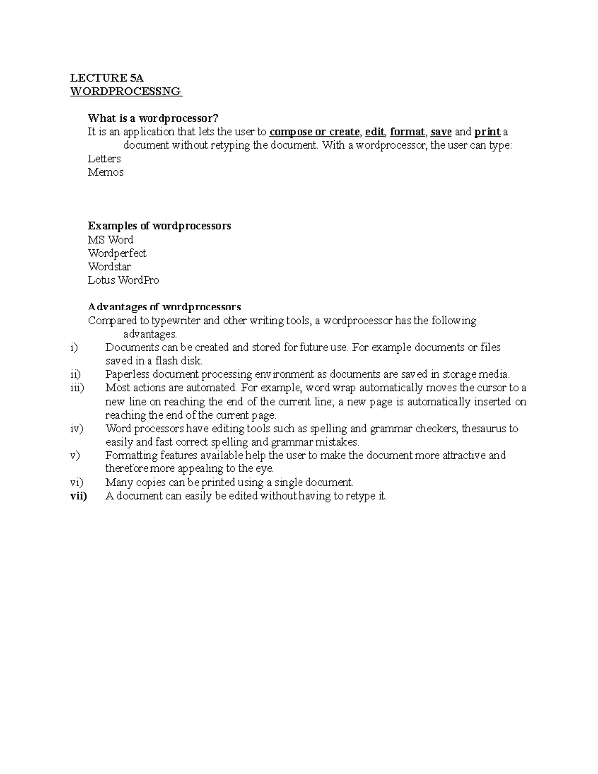 WORD Processing Notes - LECTURE 5A WORDPROCESSNG What is a ...