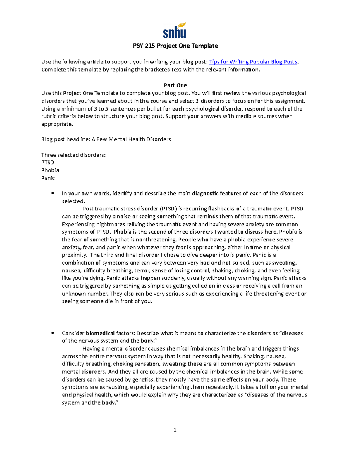 PSY 215 Project One - Chose a disorder that you learned about from the ...