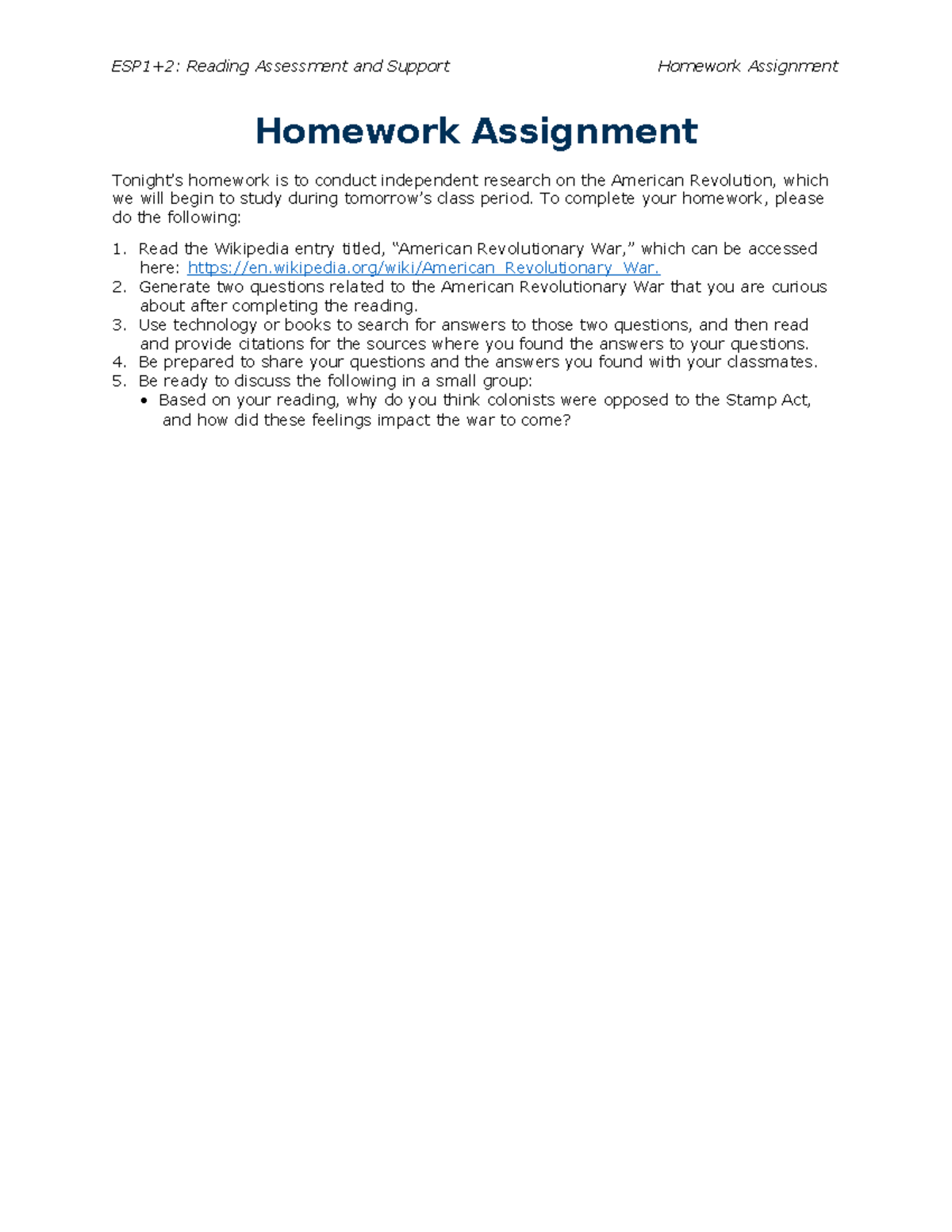 Homework Assignment - ESP1+2: Reading Assessment and Support Homework ...