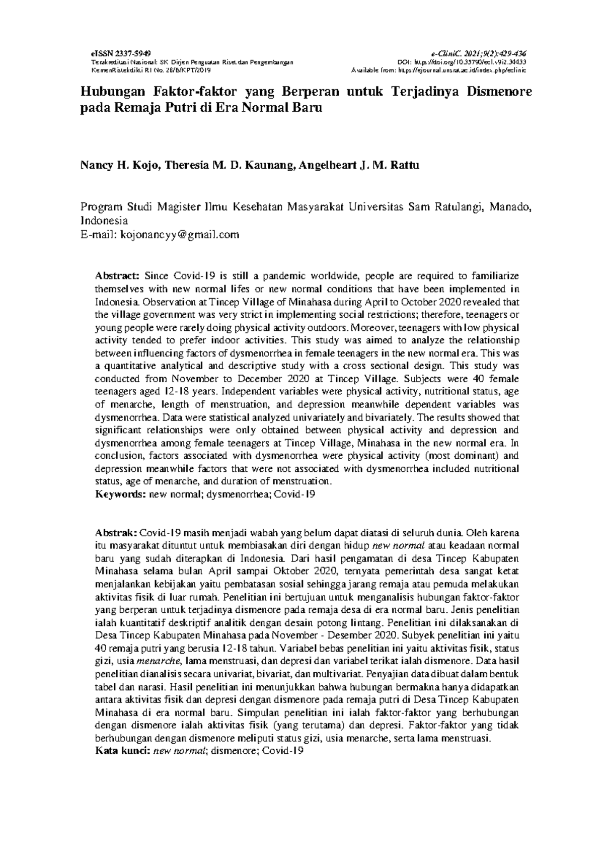 Hubungan Faktor-faktor yang Berperan untuk Terjadinya Dismenore - eISSN 2337- Terakreditasi ...