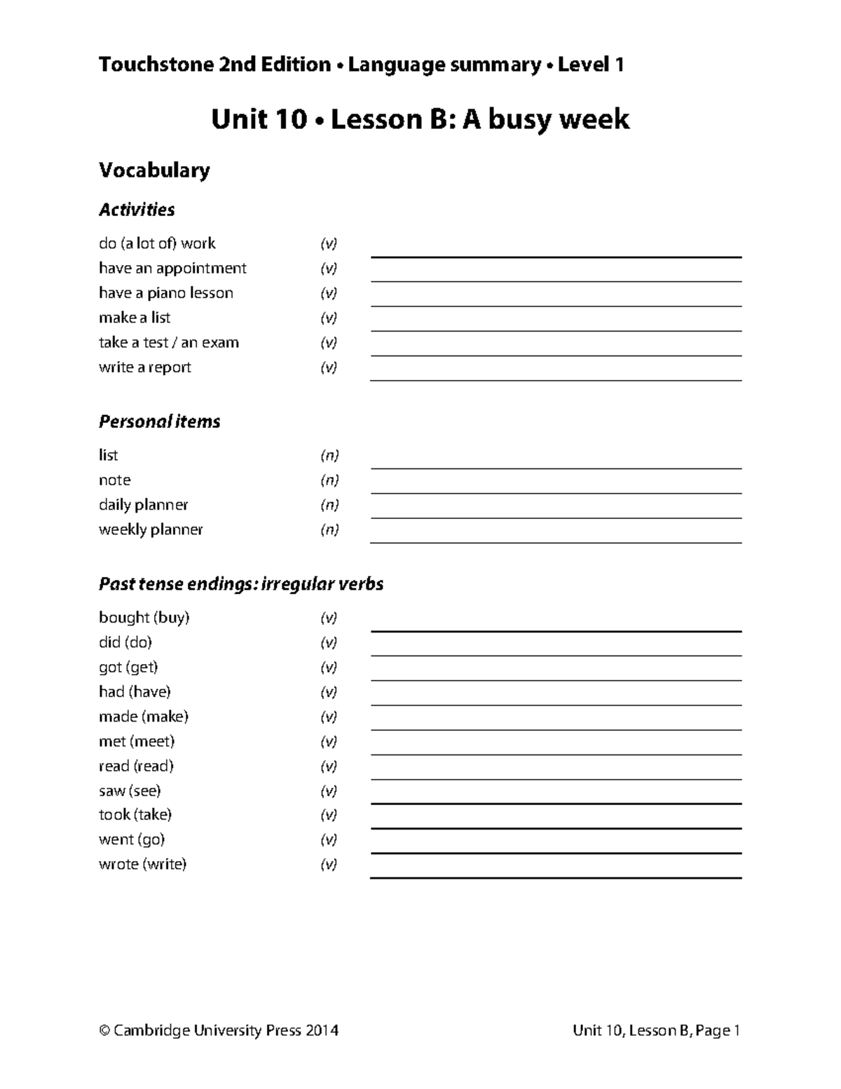 TS2e L1 U10 LB Langsum - Touchstone 2nd Edition • Language summary ...