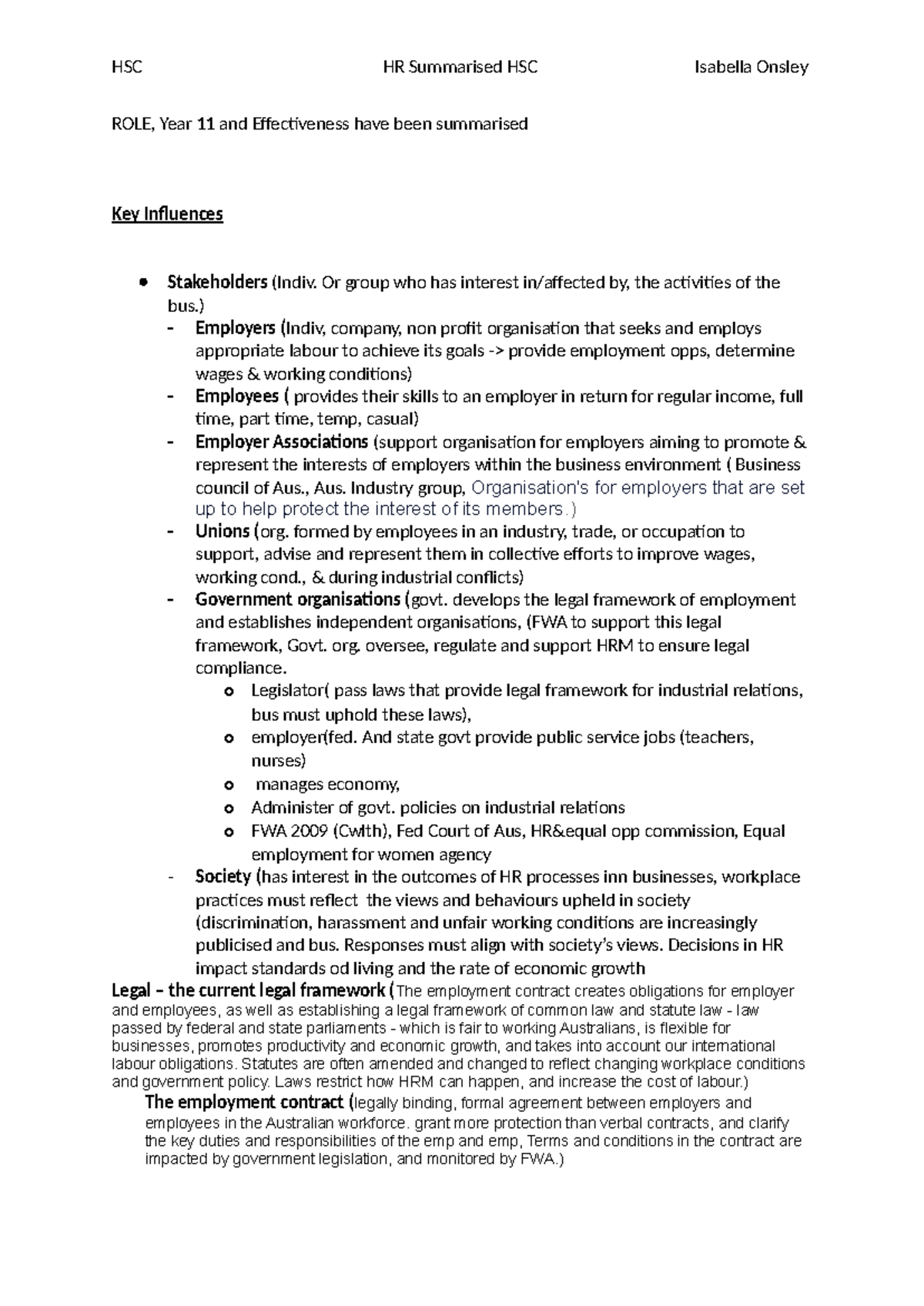 HR HSC - ROLE, Year 11 and Effectiveness have been summarised Key ...