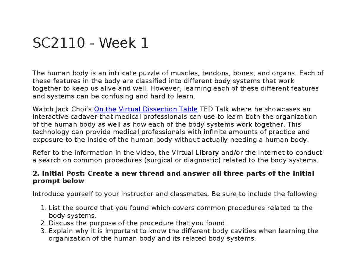 WEEK 1 SC2110 ALL WORK - ALL WORK - SC2110 - Week 1 The human body is ...