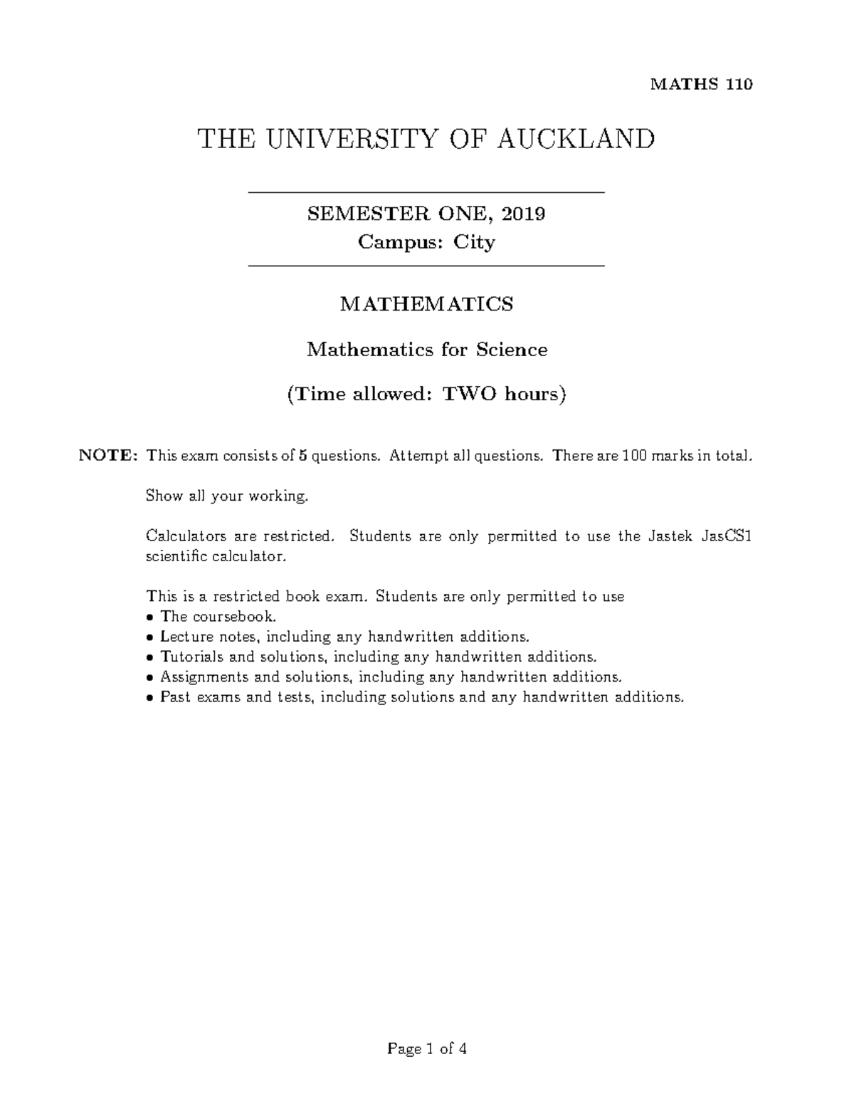 Maths 110 19F - practice test - THE UNIVERSITY OF AUCKLAND SEMESTER ONE ...