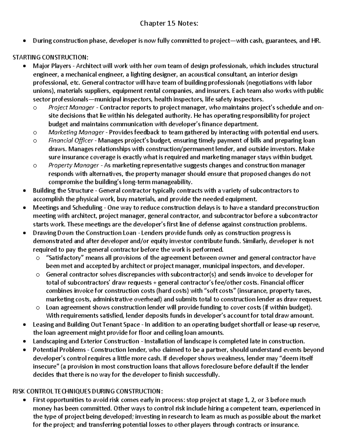 Chapter 15 Notes Chapter 15 Notes During Construction Phase