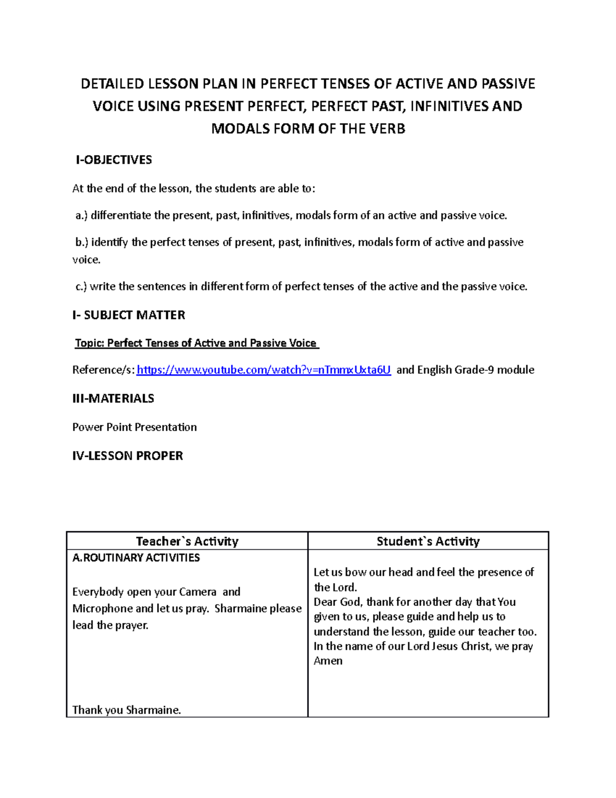 Detailed Lesson PLAN IN Perfect Tenses OF Active AND Passive Voice ...