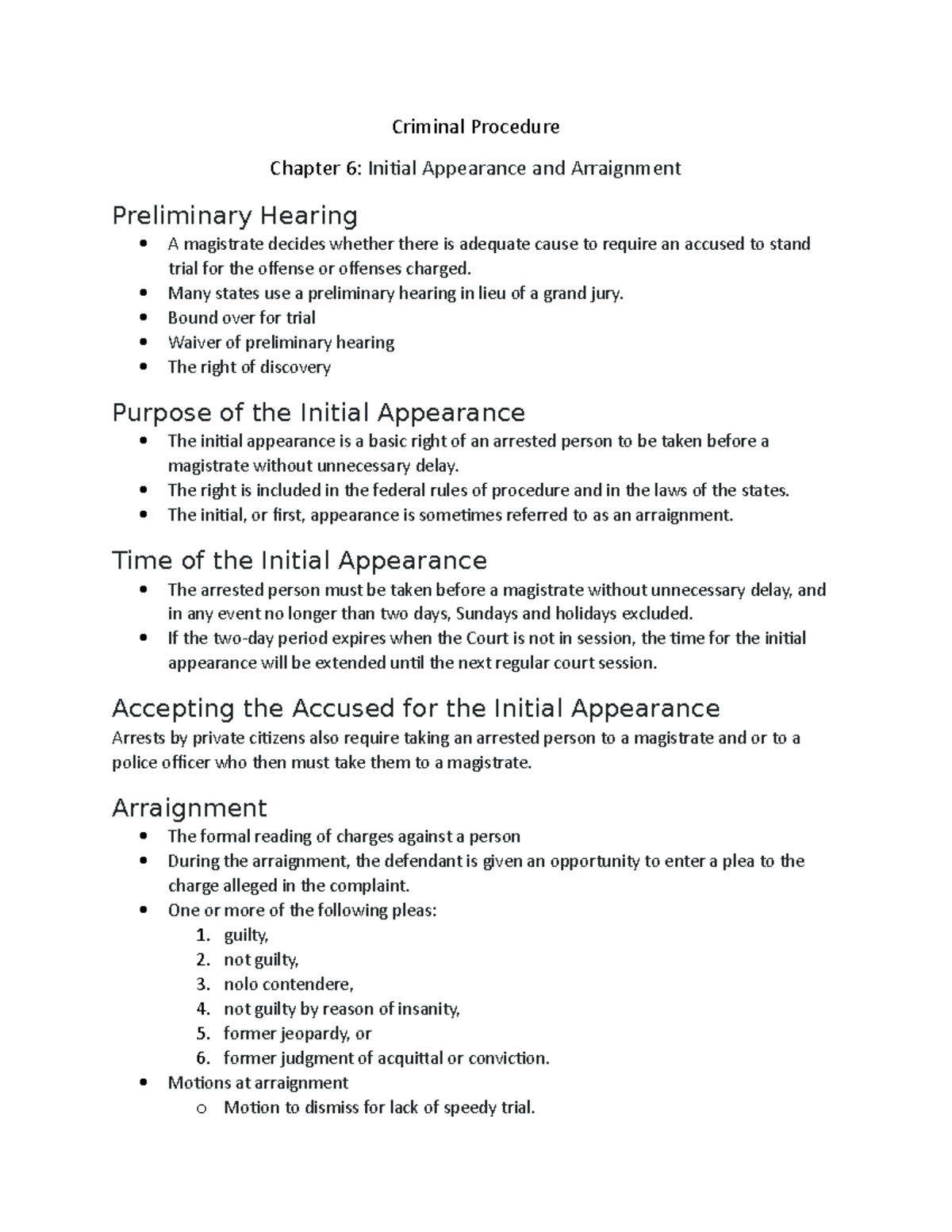 Chapter 6 - Lecture notes 6 - Criminal Procedure Chapter 6: Initial ...