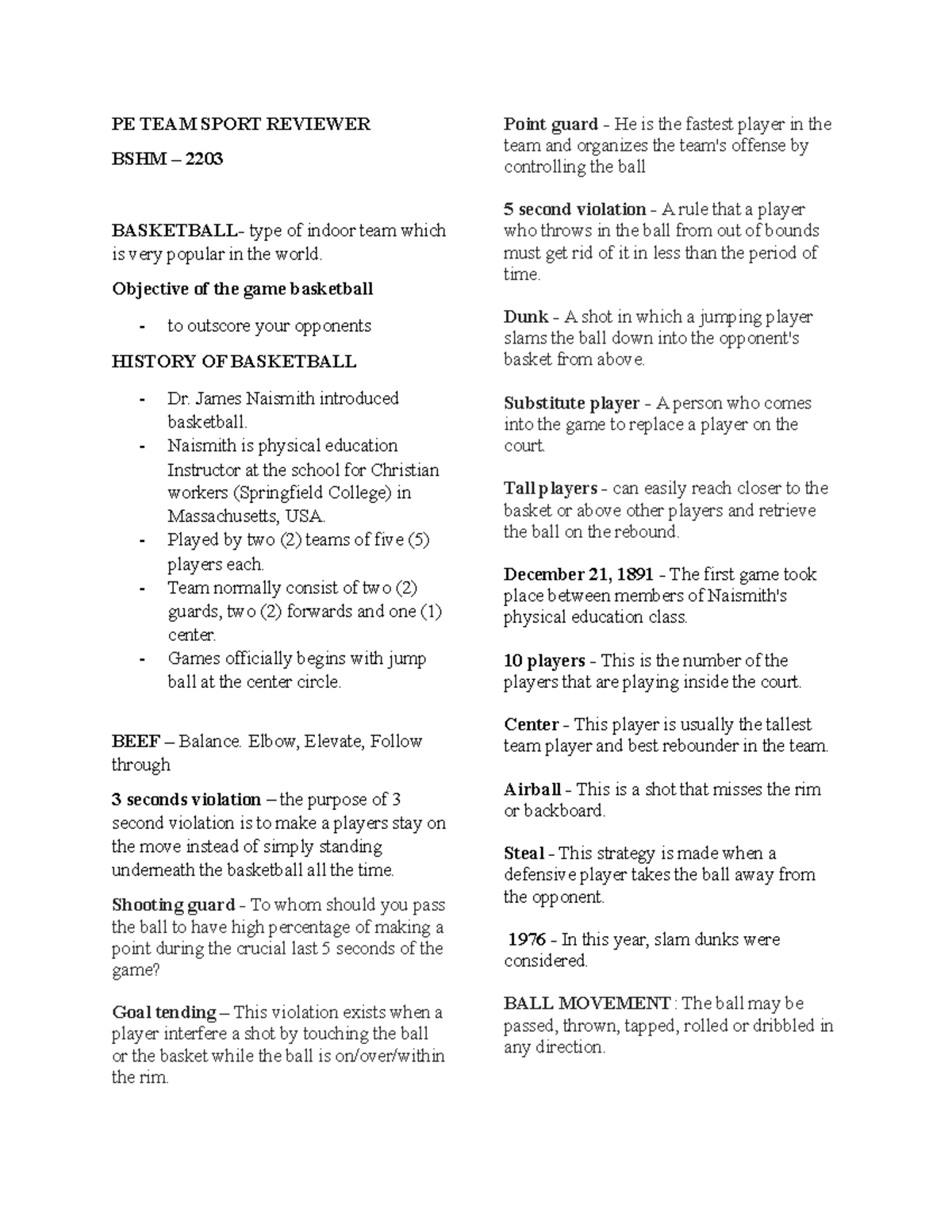 PE reviewer - All about Basketball - PE TEAM SPORT REVIEWER BSHM – 2203 ...