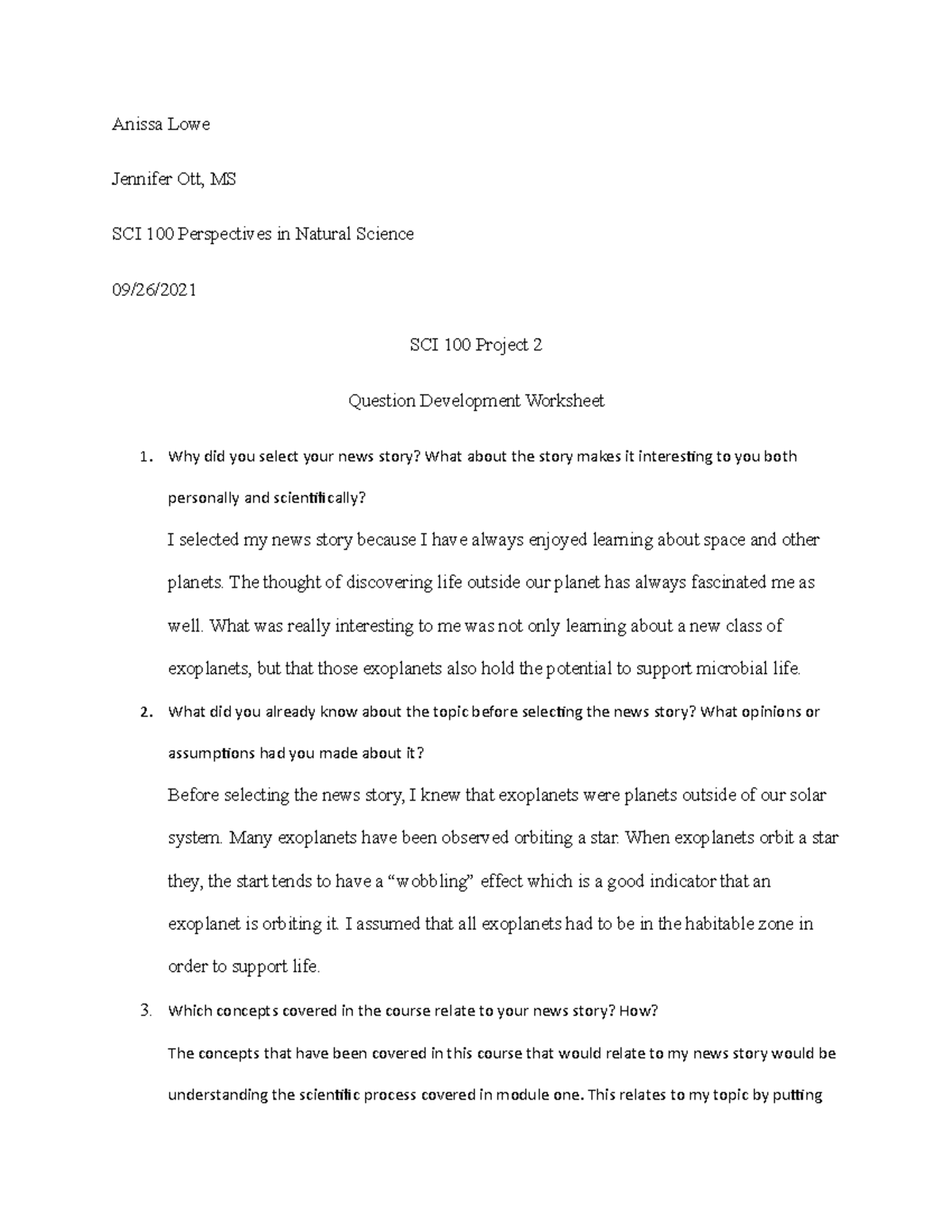 SCI 100 Question Development Worksheet - Anissa Lowe Jennifer Ott, MS ...
