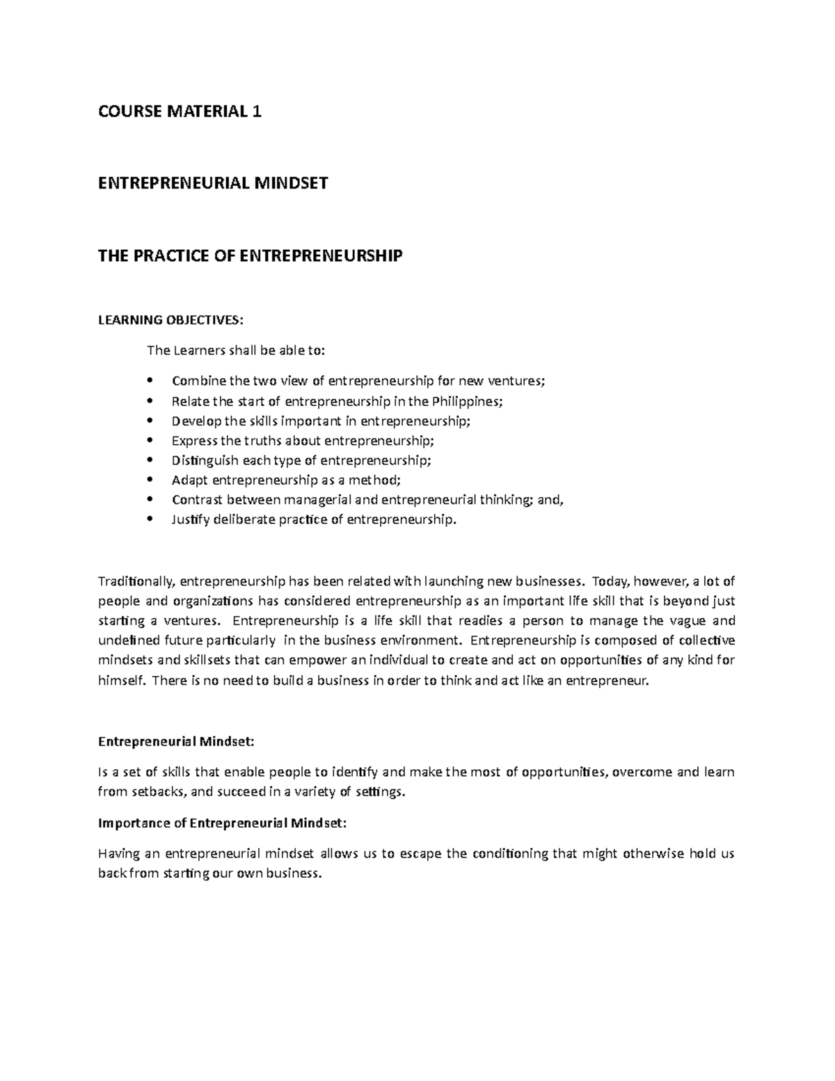 Course Material 1 THE Practice OF Entrepreneurship - COURSE MATERIAL 1 ...