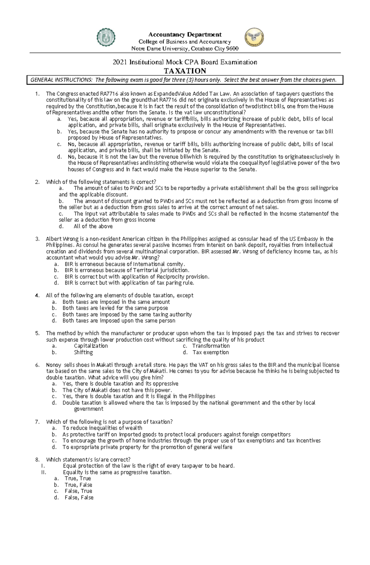 Taxation 2nd Sem AY 2020-2021 Institutional Mock Board Exam - Accountancy Department College of ...
