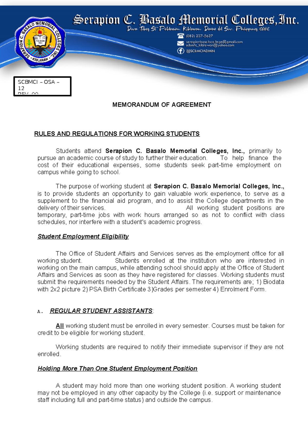 Working student memorandum - MEMORANDUM OF AGREEMENT RULES AND ...