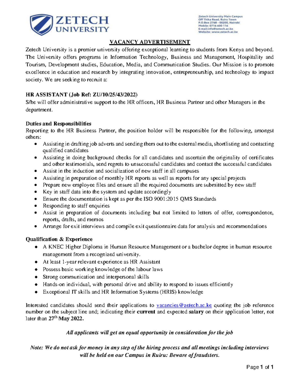Job Advert - HR Assistant - Page 1 of 1 VACANCY ADVERTISEMENT Zetech ...