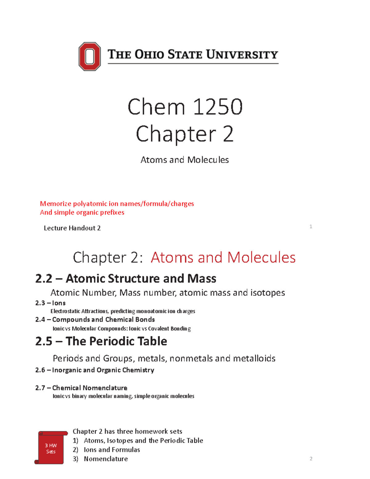 Chapter 2 Atoms and Molecules - Chem 1250 Chapter 2 Atoms and Molecules ...