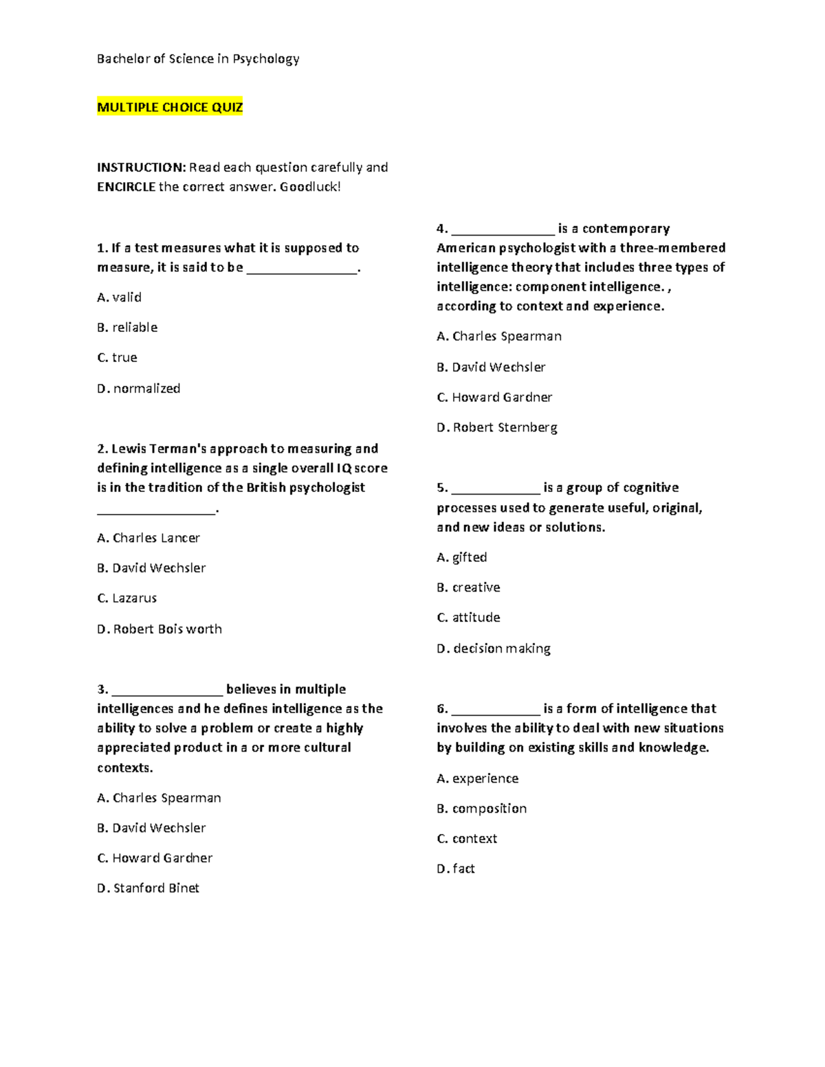Psychology Practice Quiz 3 - MULTIPLE CHOICE QUIZ INSTRUCTION : Read ...